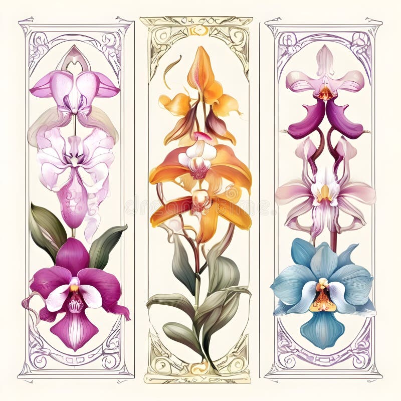 Image of 3 Colorful Orchid Flowers in Vertical Frame Column with Nordic ...