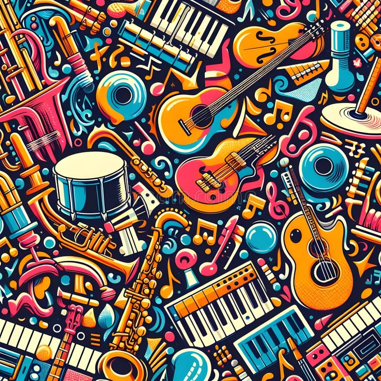 Image of Colorful Seamless Pattern with Doodled Musical Instruments and ...