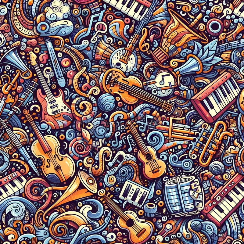 Image of Colorful Seamless Pattern with Doodled Musical Instruments and ...
