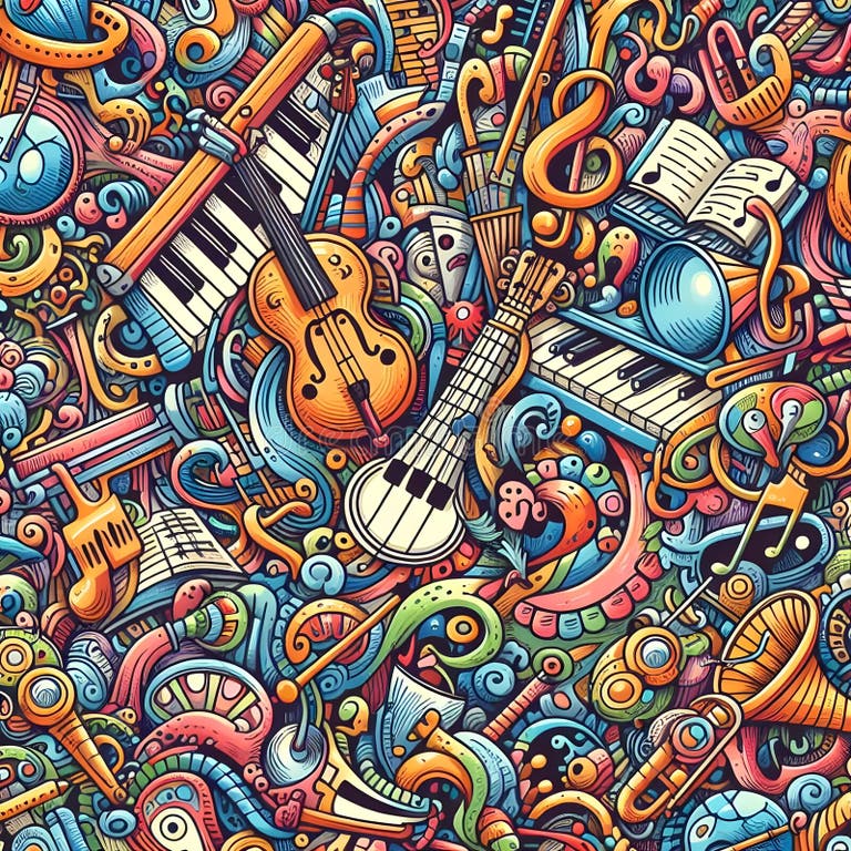 Image of Colorful Seamless Pattern with Doodled Musical Instruments and ...