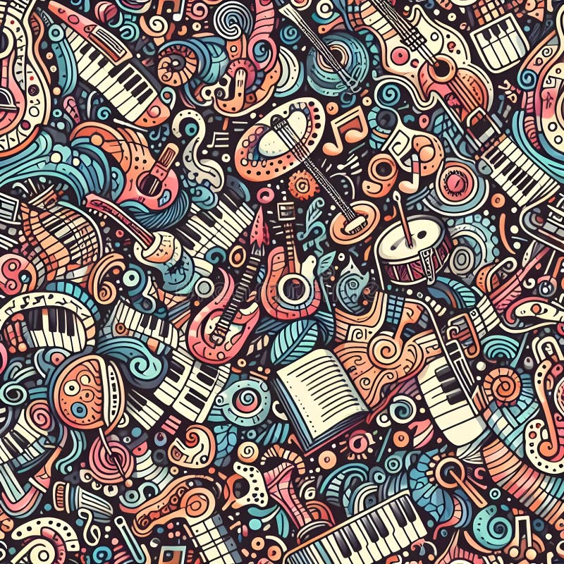 Image of Colorful Seamless Pattern with Doodled Musical Instruments and ...