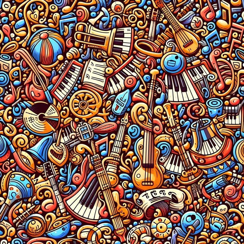 Image of Colorful Seamless Pattern with Doodled Musical Instruments and ...