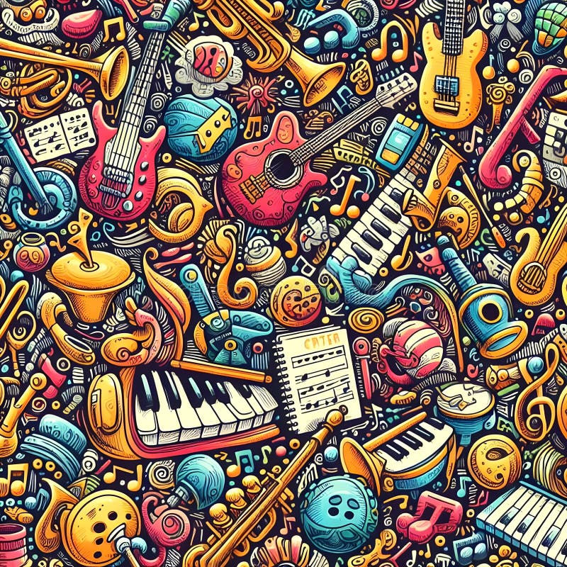 Image of Colorful Seamless Pattern with Doodled Musical Instruments and ...