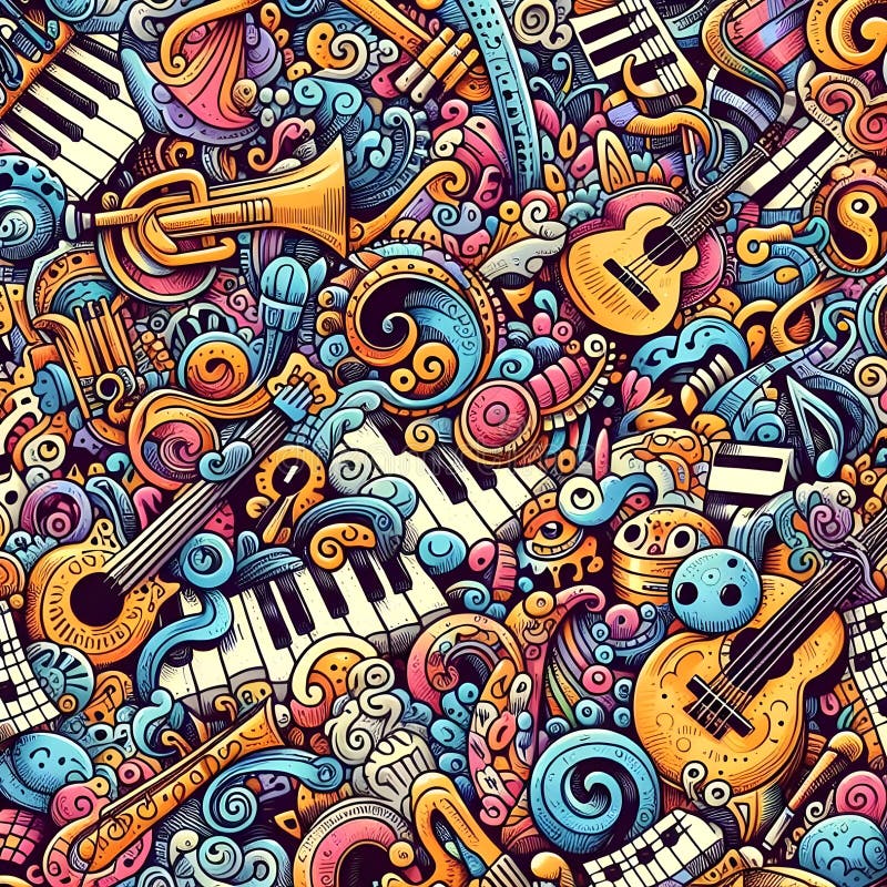 Image of Colorful Seamless Pattern with Doodled Musical Instruments and ...