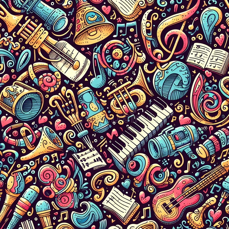 Image of Colorful Seamless Pattern with Doodled Musical Instruments and ...