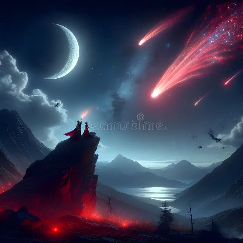 A Couple on a High Mountain,wishing on a Star,a Comet Flies by, Leaves a Trail of Red and Bright ...