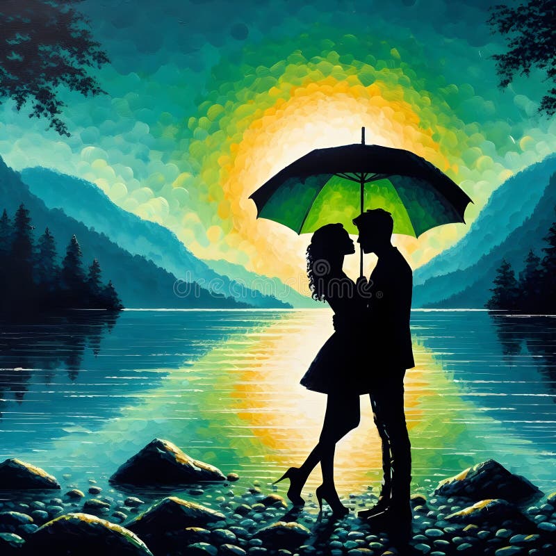 Image of a Couple Kissing Under the Red Umbrella Painted in Dima ...
