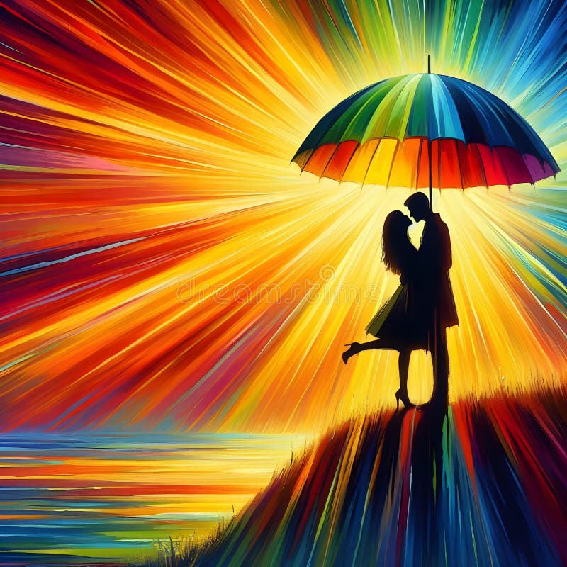 Image of a Couple Kissing Under the Red Umbrella Painted in Dima ...