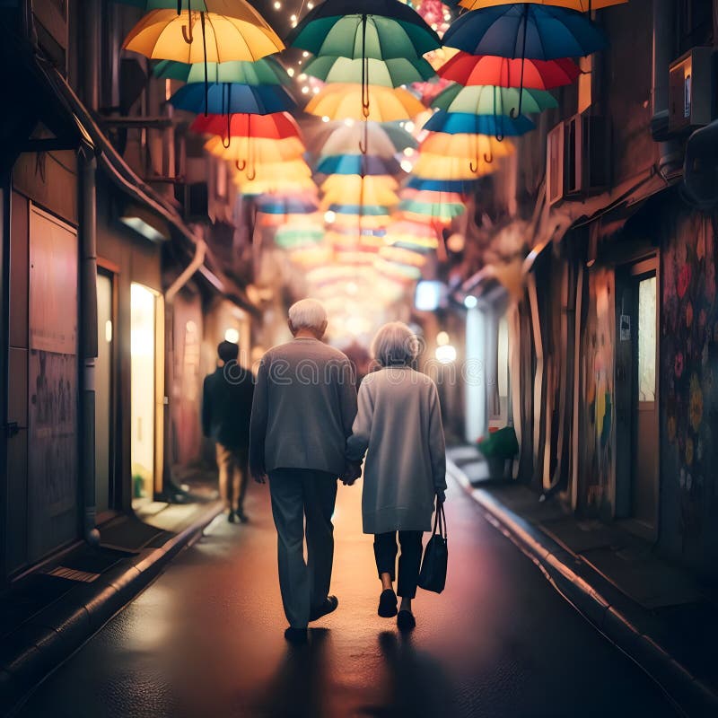 Image of a Couple Staggered Down an Alley with a Roof of Colored ...