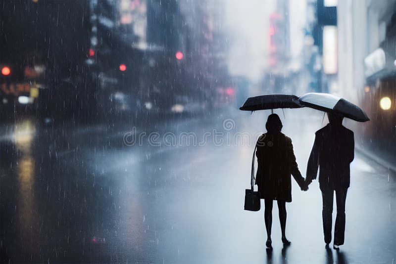 Image of the Couple Walking Together on the Street during the Pouring Rain. Stock Illustration ...