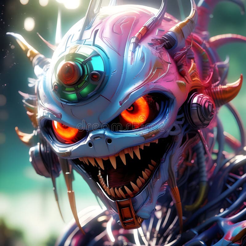 Image of a Cute Horror Robotic Cyborg with Maniacal Smile and Glowing ...