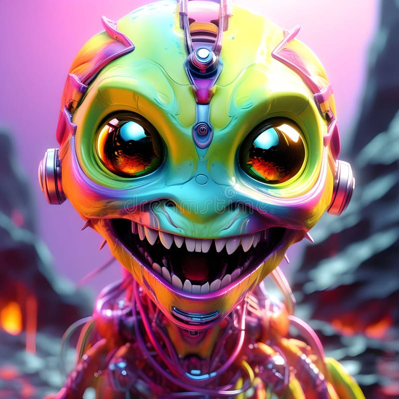 Image of a Cute Horror Robotic Cyborg with Maniacal Smile and Glowing ...