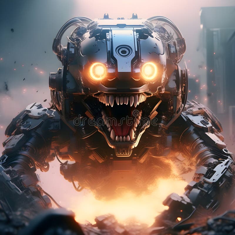 Image of a Cute Horror Robotic Cyborg with Maniacal Smile and Glowing ...