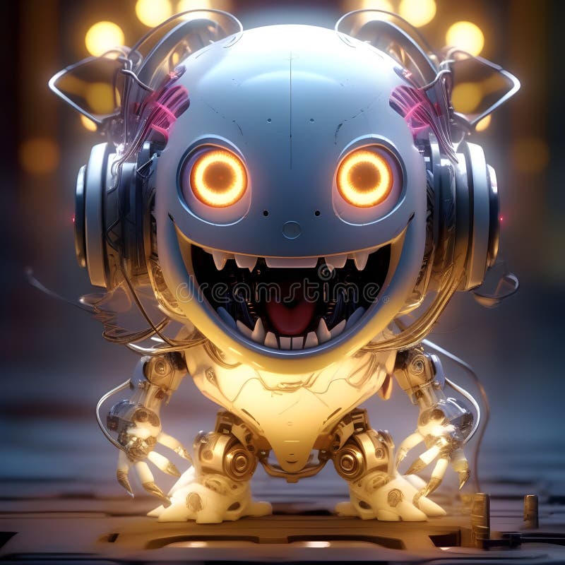Image of a Cute Horror Robotic Cyborg with Maniacal Smile and Glowing ...