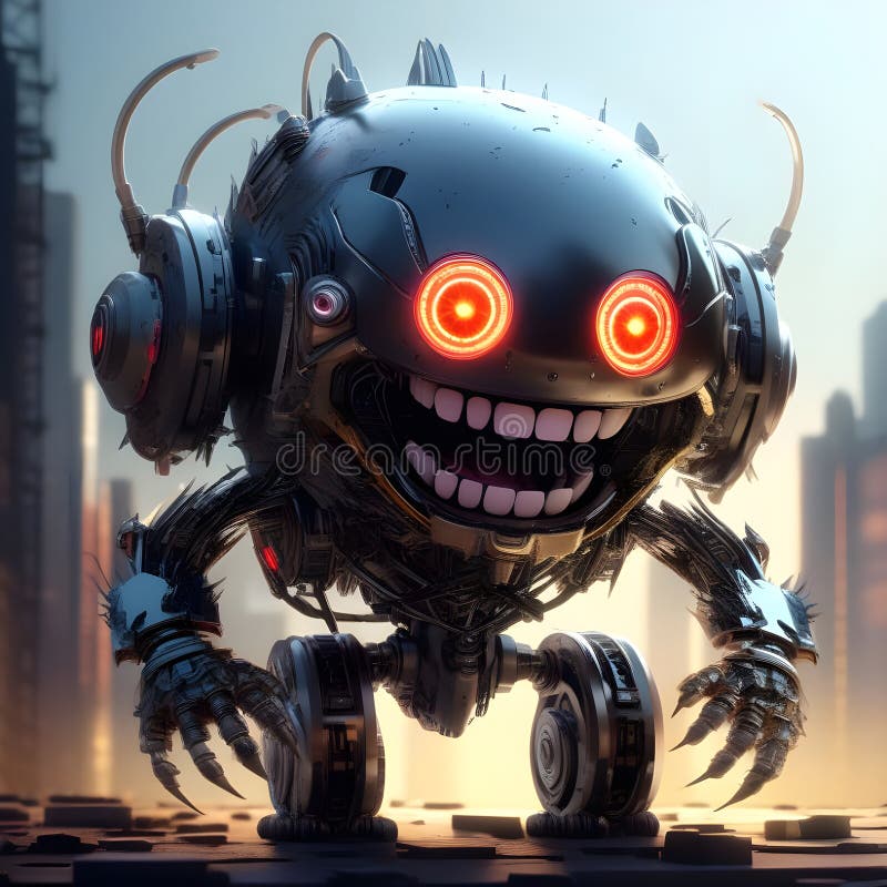 Image of a Cute Horror Robotic Cyborg with Maniacal Smile and Glowing ...