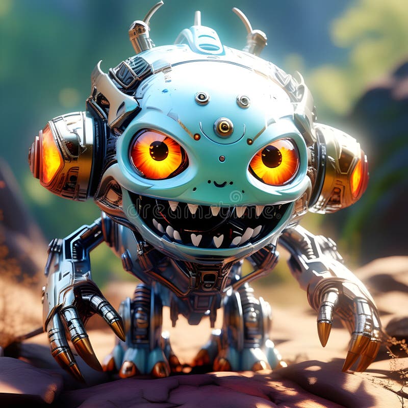 Image of a Cute Horror Robotic Cyborg with Maniacal Smile and Glowing ...