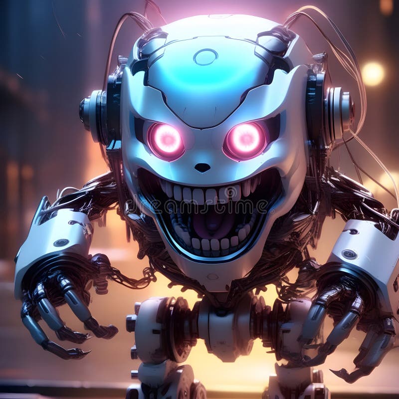 Image of a Cute Horror Robotic Cyborg with Maniacal Smile and Glowing ...