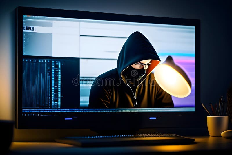 The Cyber Crime Hacker on the Computer System in the Dark Room. Stock ...