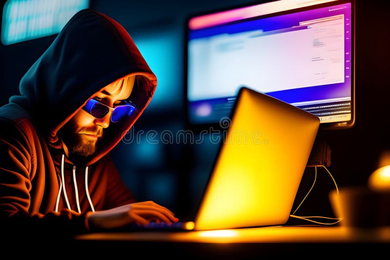 The Cyber Crime Hacker on the Computer System in the Dark Room. Stock ...
