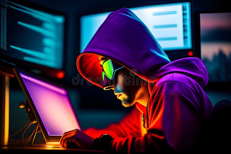 The Cyber Crime Hacker on the Computer System in the Dark Room. Stock ...