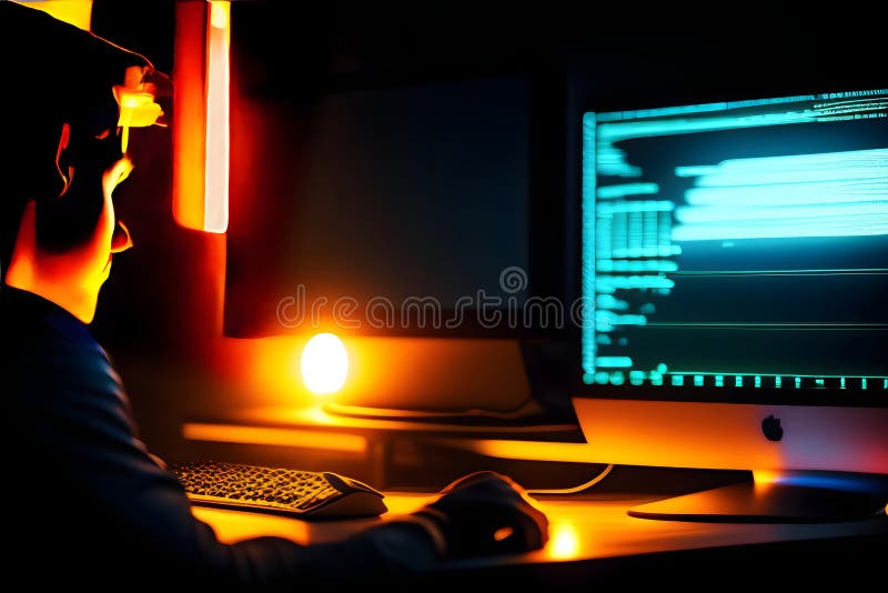 The Cyber Crime Hacker on the Computer System in the Dark Room. Stock ...