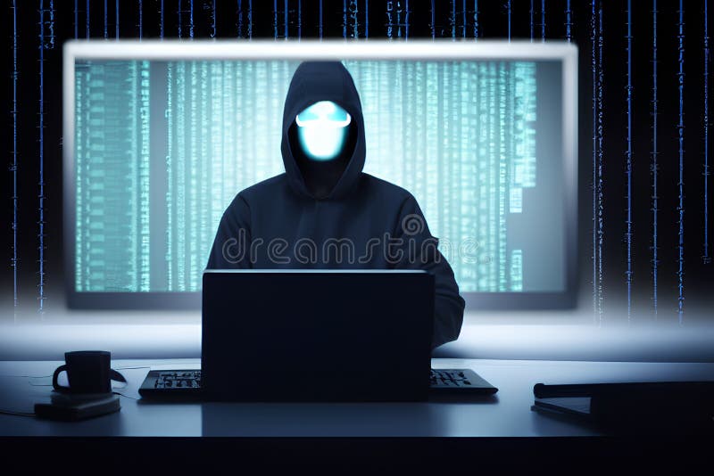 The Cyber Crime Hacker on the Computer System in the Dark Room. Stock ...