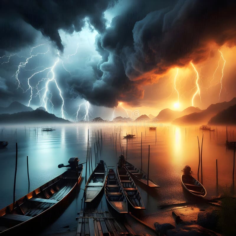 Image of Dramatic Rain,storm and Lighting Bombard the Lake at Golden ...