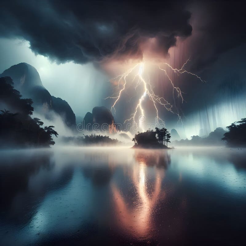 Image of Dramatic Rain,storm and Lighting Bombard the Lake at Golden ...