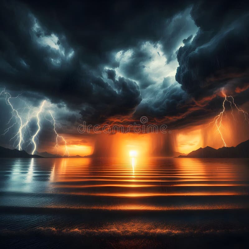 Image of Dramatic Rain,storm and Lighting Bombard the Lake at Golden ...