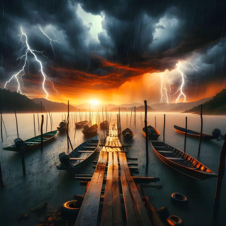 Image of Dramatic Rain,storm and Lighting Bombard the Lake at Golden ...