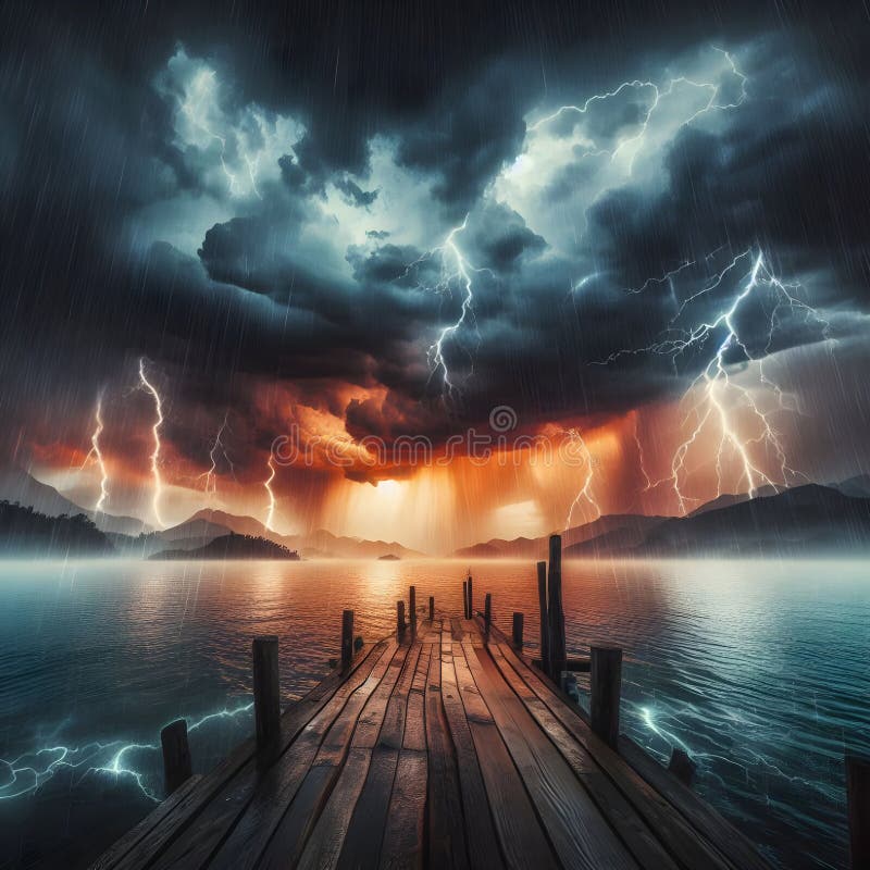 Image of Dramatic Rain,storm and Lighting Bombard the Lake at Golden ...