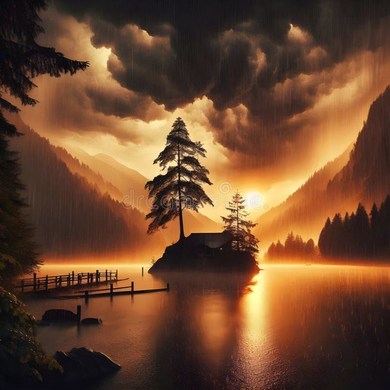 Image of Dramatic Rain,storm and Lighting Bombard the Lake at Golden ...