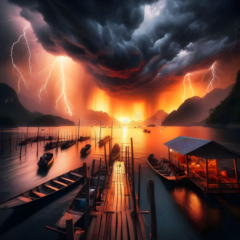 Image of Dramatic Rain,storm and Lighting Bombard the Lake at Golden ...