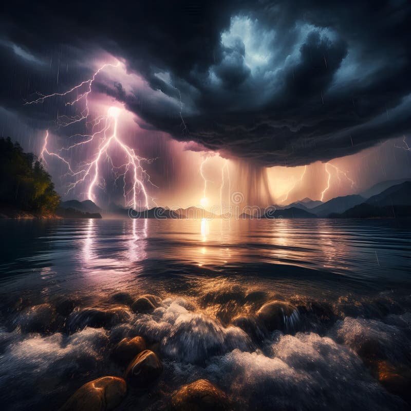 Image of Dramatic Rain,storm and Lighting Bombard the Lake at Golden ...