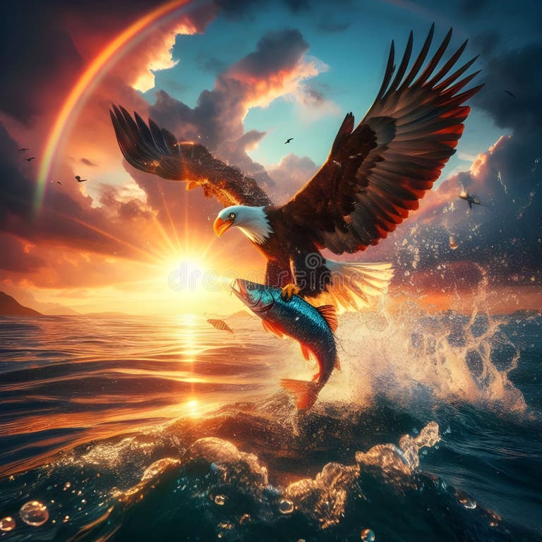 A Eagle Skimming Over the Ocean while Grabbing a Fighting Fish ...