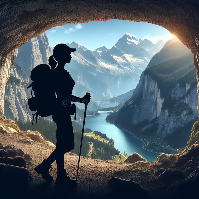 Image of a Explorer in Silhouette Stands in the Cave and Looking Out ...