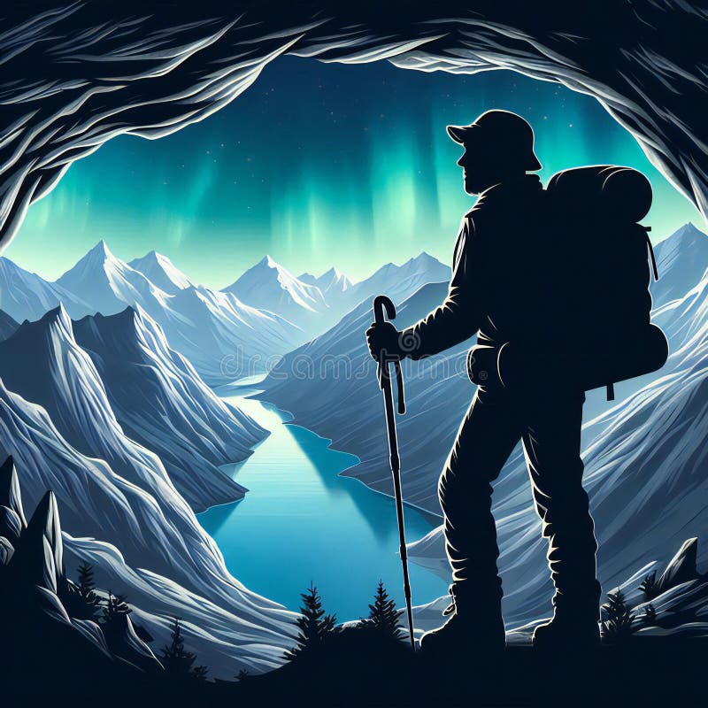 Image of a Explorer in Silhouette Stands in the Cave and Looking Out ...