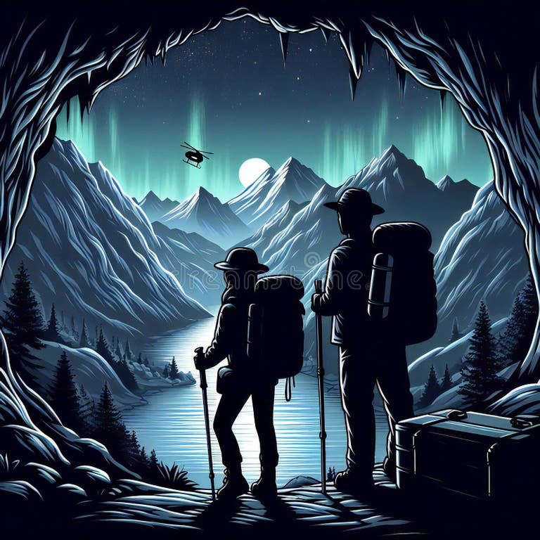 Image of a Explorer in Silhouette Stands in the Cave and Looking Out ...