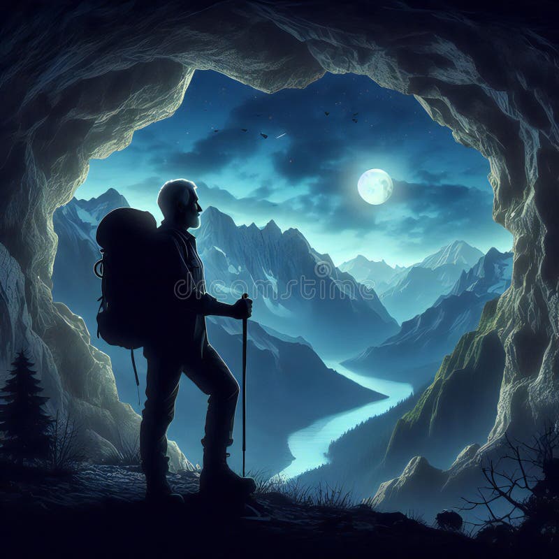 Image of a Explorer in Silhouette Stands in the Cave and Looking Out ...