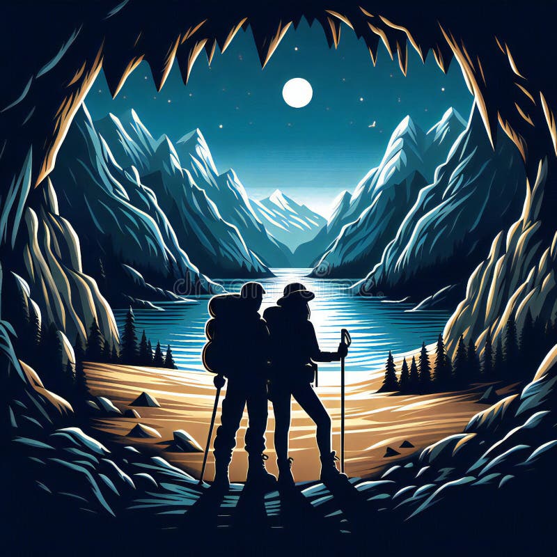 Image of a Explorer in Silhouette Stands in the Cave and Looking Out ...