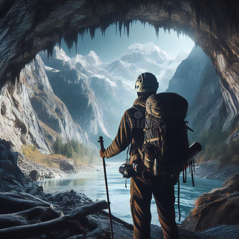 Image of a Explorer in Silhouette Stands in the Cave and Looking Out ...