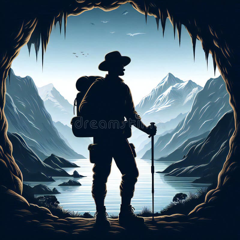 Image of a Explorer in Silhouette Stands in the Cave and Looking Out ...