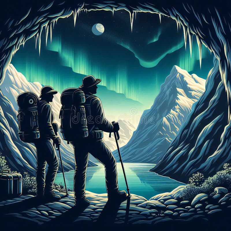 Image of a Explorer in Silhouette Stands in the Cave and Looking Out ...