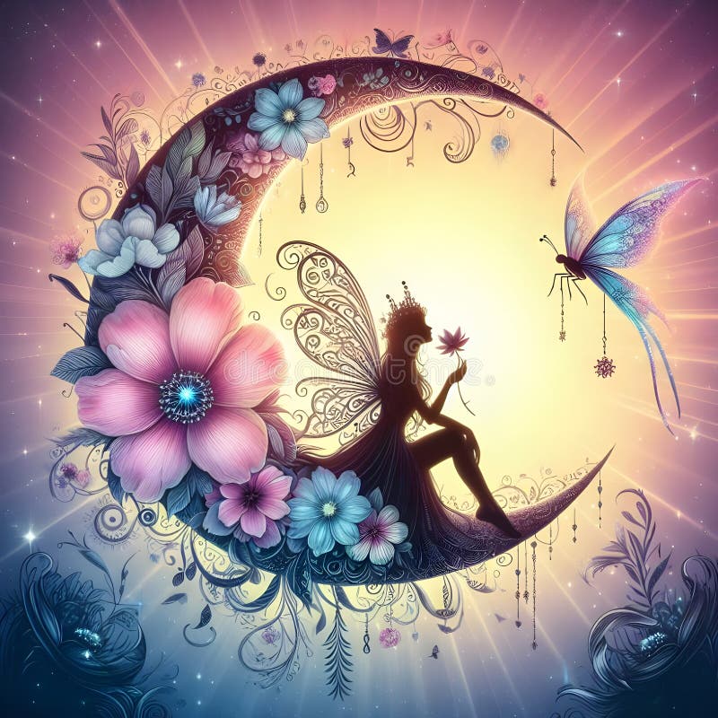 Image of Fairy Flower Sitting on a Crescent Moon, Magical Flower ...