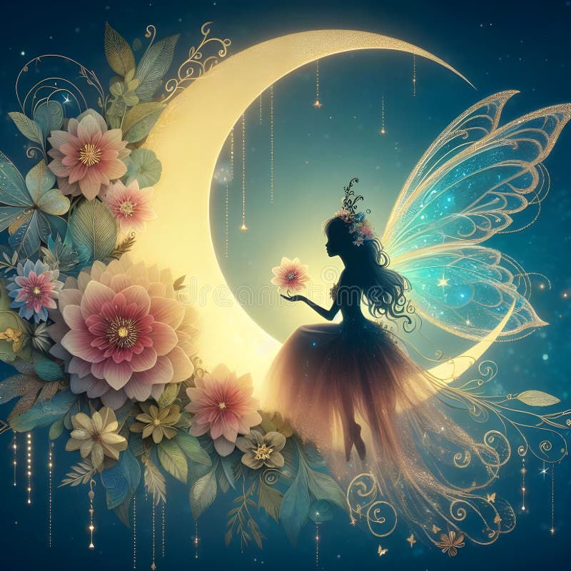 Image of Fairy Flower Sitting on a Crescent Moon, Magical Flower ...