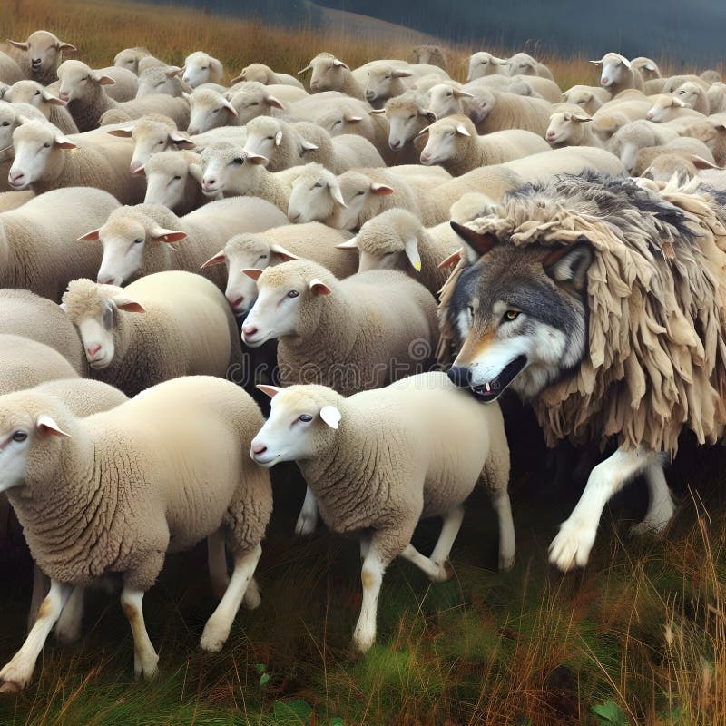 Image of False Wolf Disguises in Sheep S Skin, Leading a Flock of Sheep ...