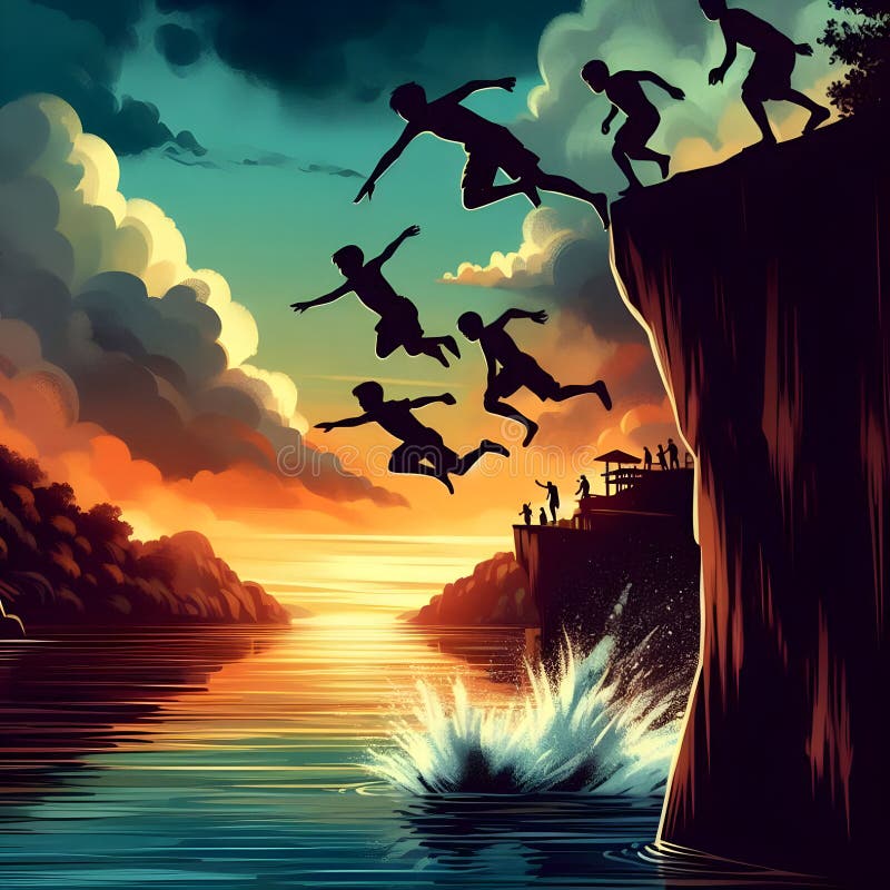 Image of a Few Kids in Silhouette Diving from the Cliff into the Lake ...