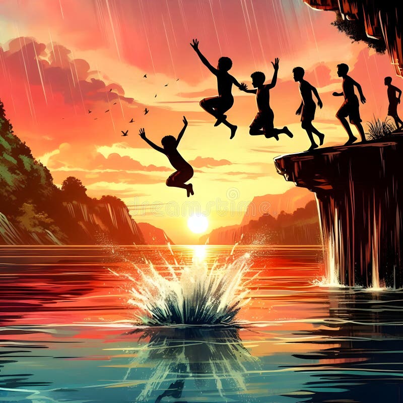 Image of a Few Kids in Silhouette Diving from the Cliff into the Lake ...