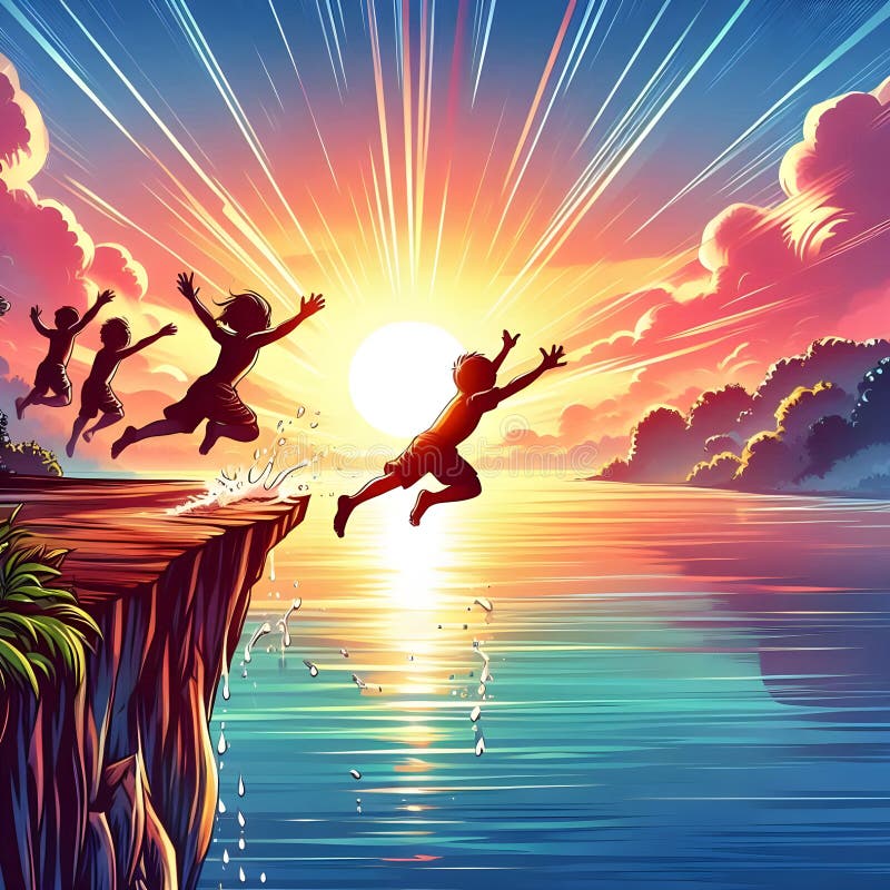 Image of a Few Kids in Silhouette Diving from the Cliff into the Lake ...