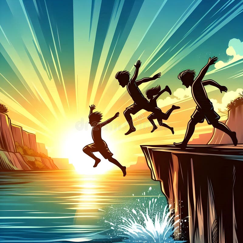 Image of a Few Kids in Silhouette Diving from the Cliff into the Lake ...
